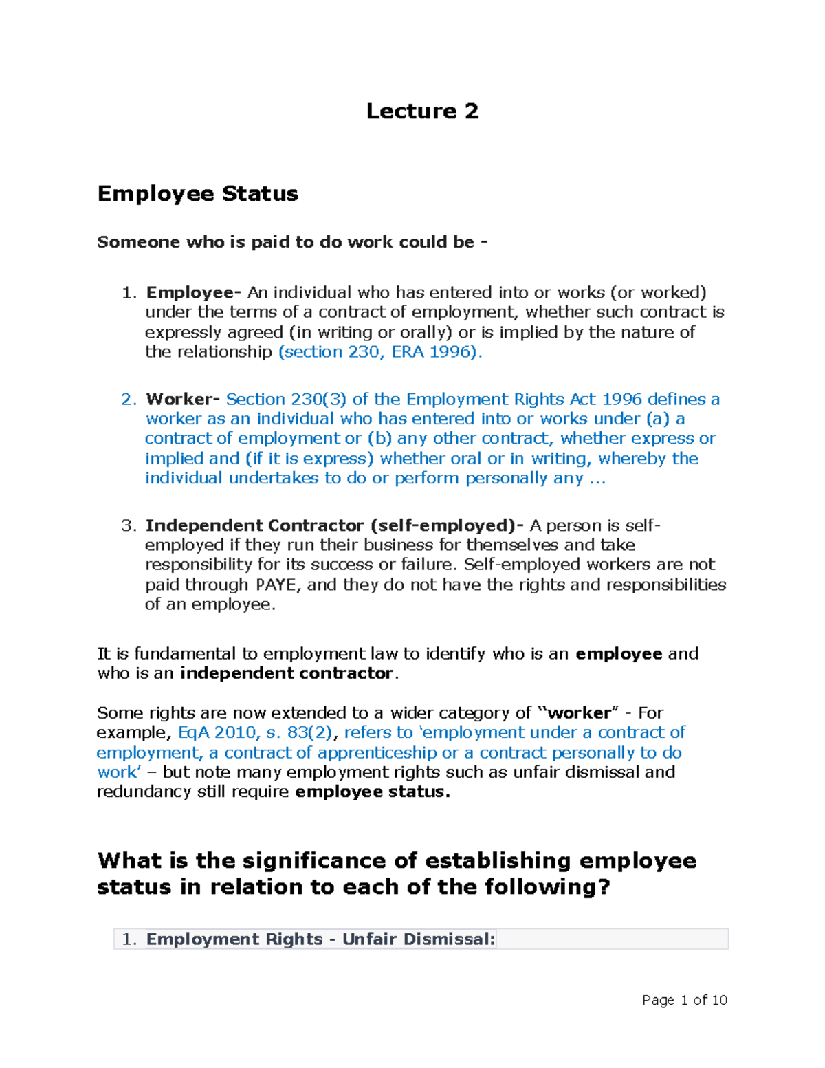 Lecture 2 - Employee Status - Lecture 2 Employee Status Someone who is ...