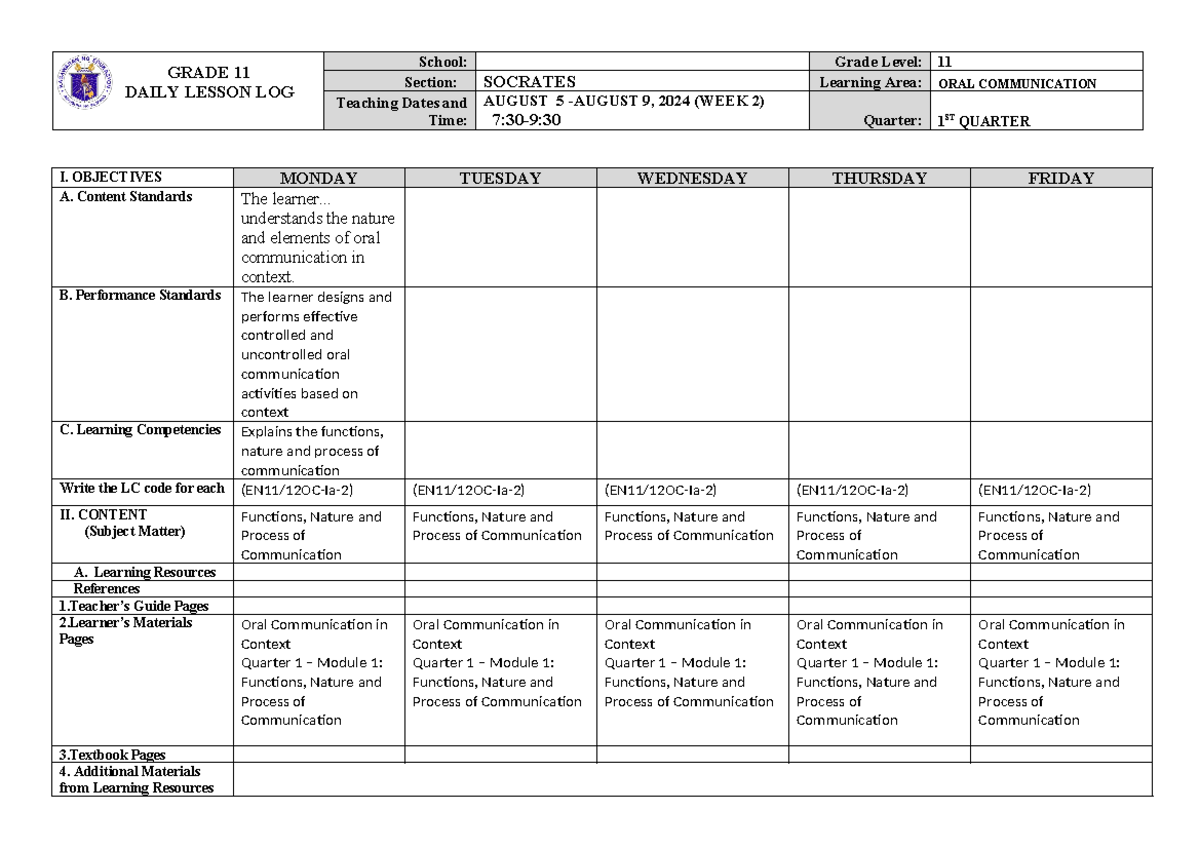 DLL SHS-OC-Q1 W2 - Daily Lesson Log for week 2 quarter 1 oral communication - GRADE 11 DAILY ...