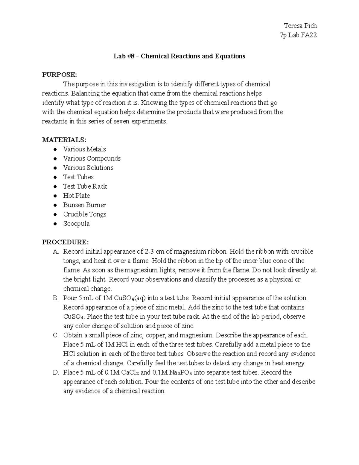 Lab #8 - Chemical Reactions and Equations - Teresa Pich 7p Lab FA Lab ...