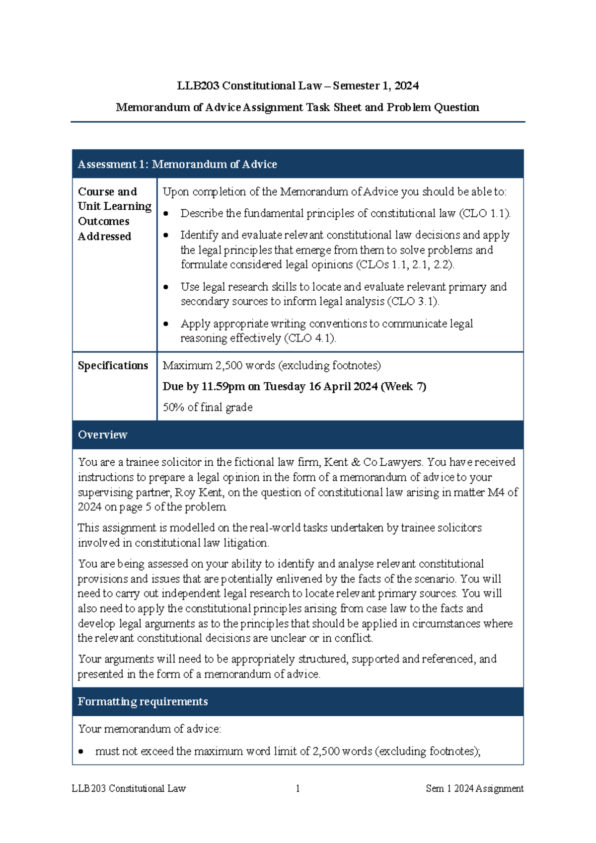 LLB203 Memorandum of Advice Assignment Task Sheet and Problem 2024 ...