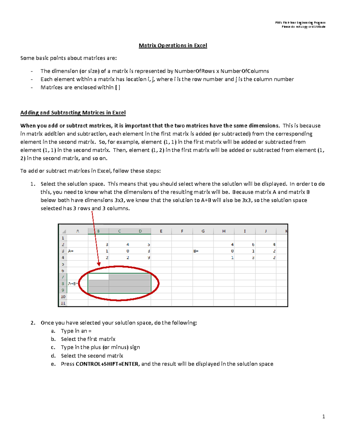 Excel 4. Notes on matrix operations in Excel - Please do not copy or ...