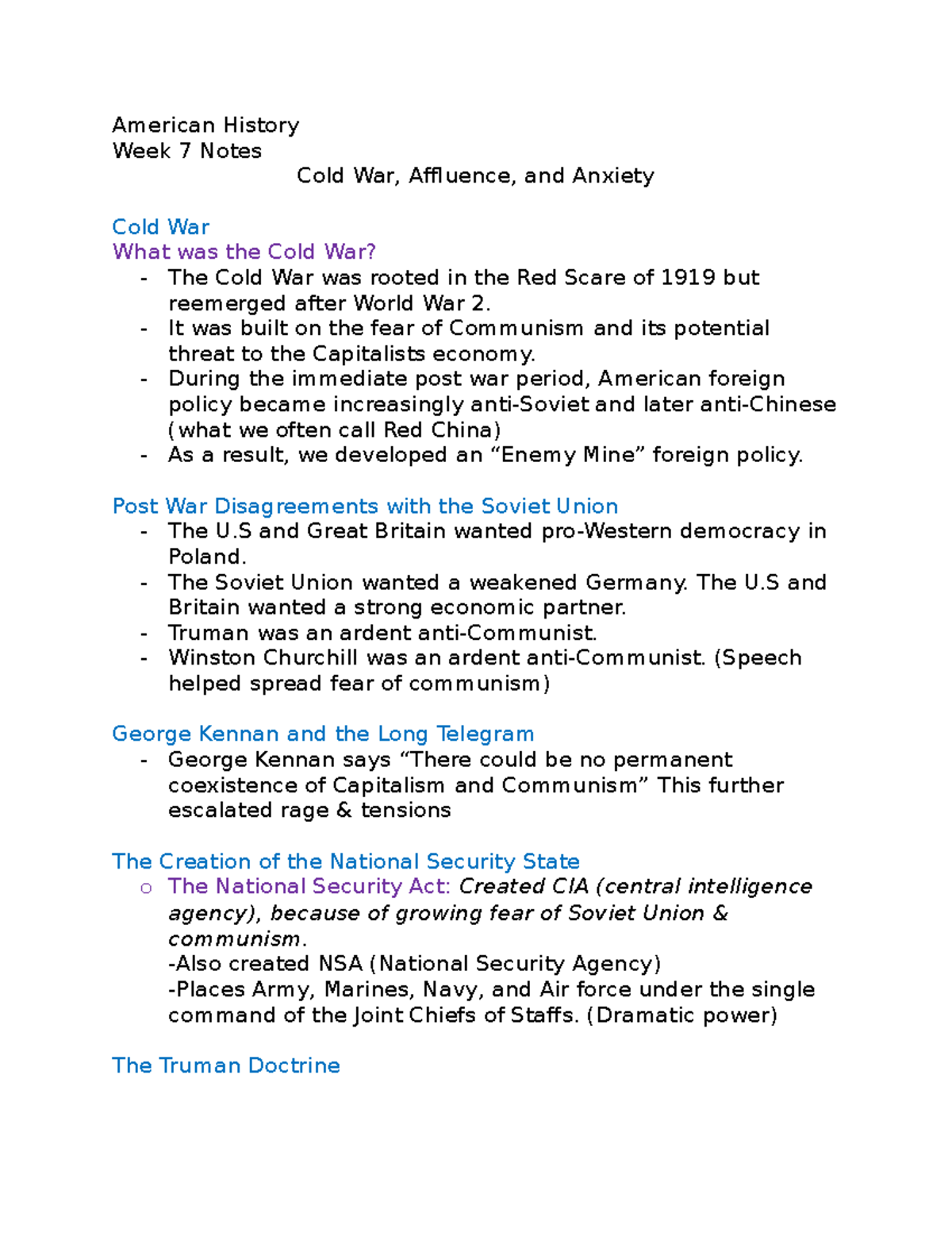 HIST week 7 notes: Cold War, Affluence - American History Week 7 Notes ...
