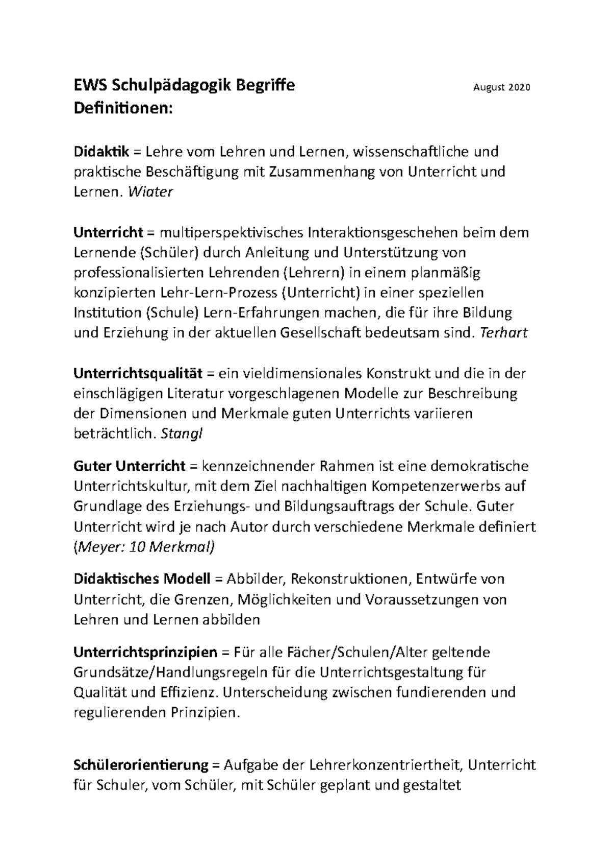 Definitionen/Begriffe zu Schulpädagogik Examen - EWS Schulpädagogik ...