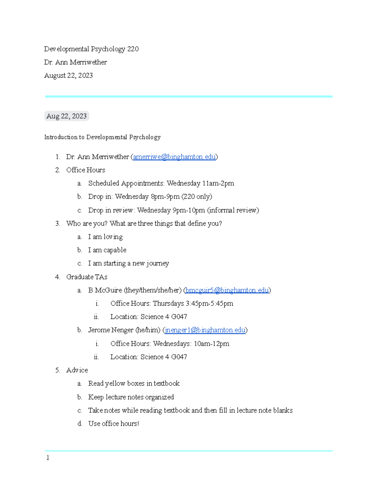 Developmental Psychology 220 - Ann Merriwether August 22, 2023 Aug 22 ...