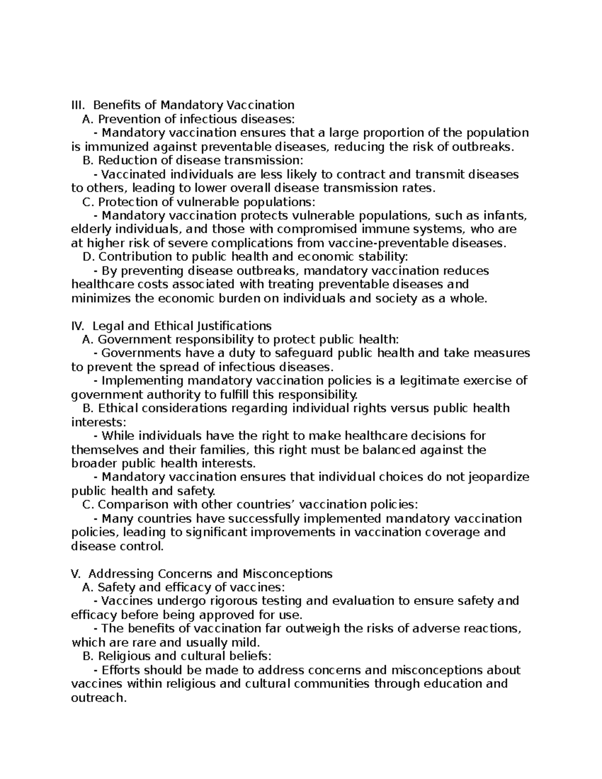 Debate topics - III. Benefits of Mandatory Vaccination A. Prevention of ...