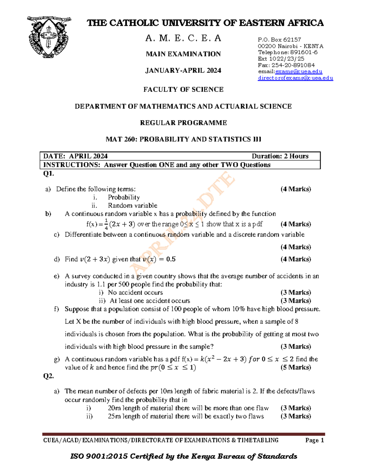 MAT 260 - Exam preparation - CUEA/ACAD/EXAMINATIONS/DIRECTORATE OF ...
