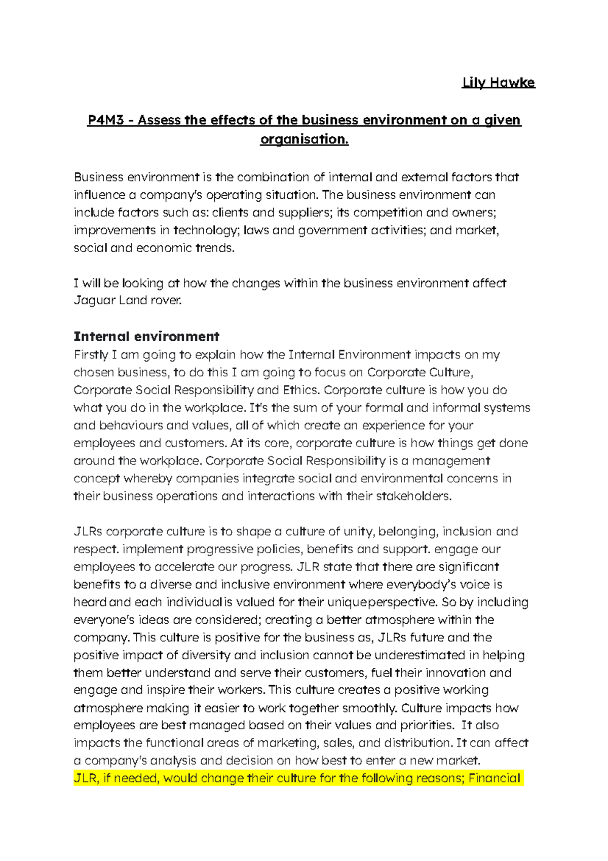 P4M3 - distinction p4m3 work - Lily Hawke P4M3 - Assess the effects of ...