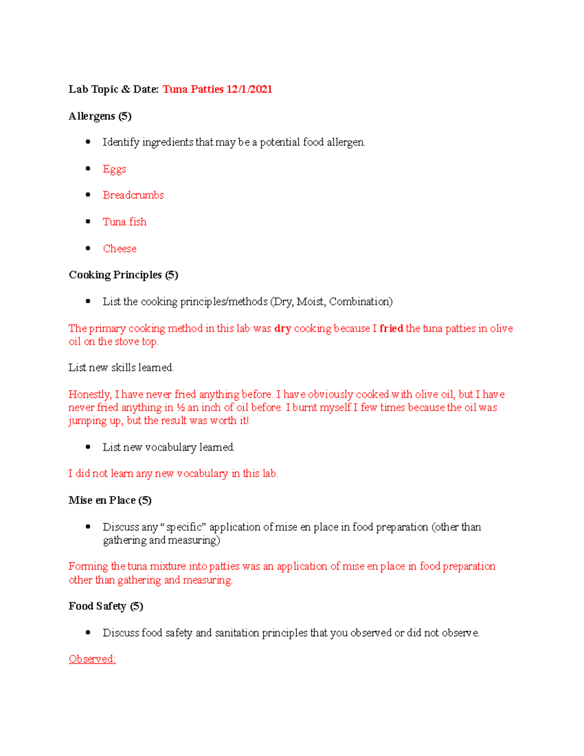 Tuna Patty Lab - NTD 205, Dr. Subach. COMPLETED lab report with ...