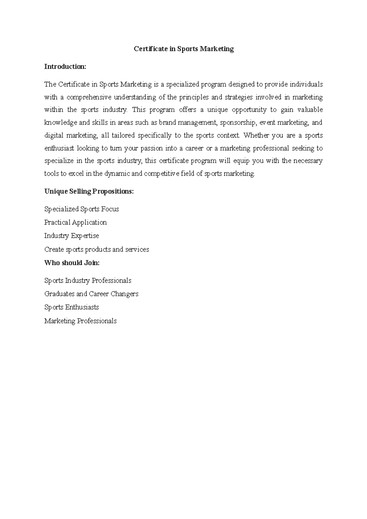 Certificate Sports Marketing - Certificate in Sports Marketing ...