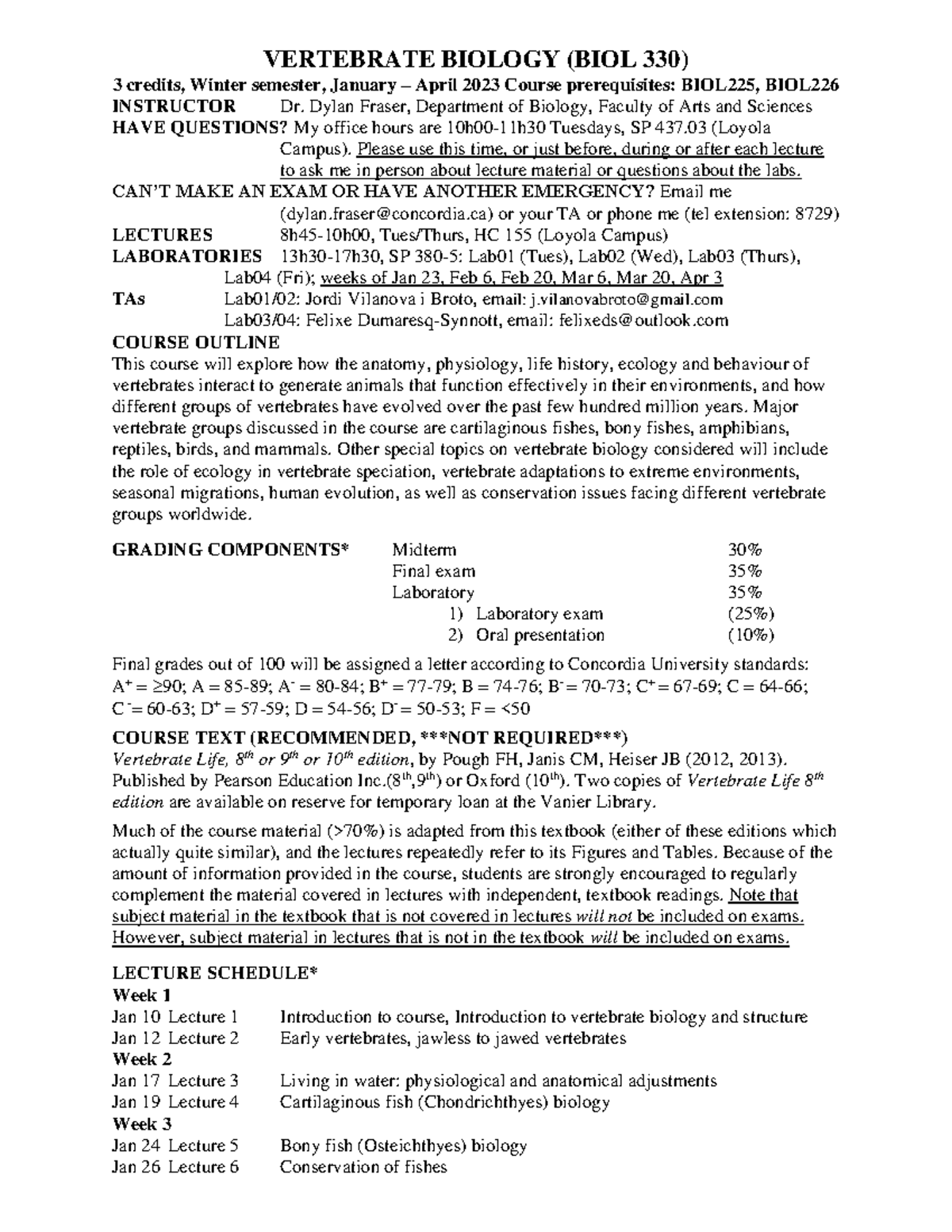 2023 Vertebrate Biology - course outline - VERTEBRATE BIOLOGY (BIOL 330 ...