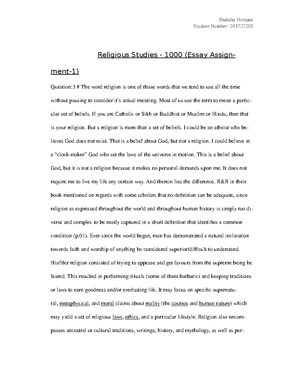Religion 1000 - Student Number: 201727203Shahdat Hossain Religious ...