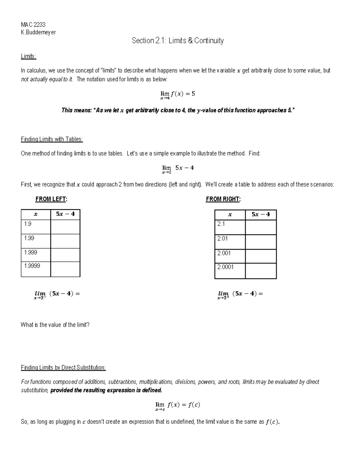 Chapter 2.1 Blank Notes - K Section 2: Limits & Continuity Limits: In ...