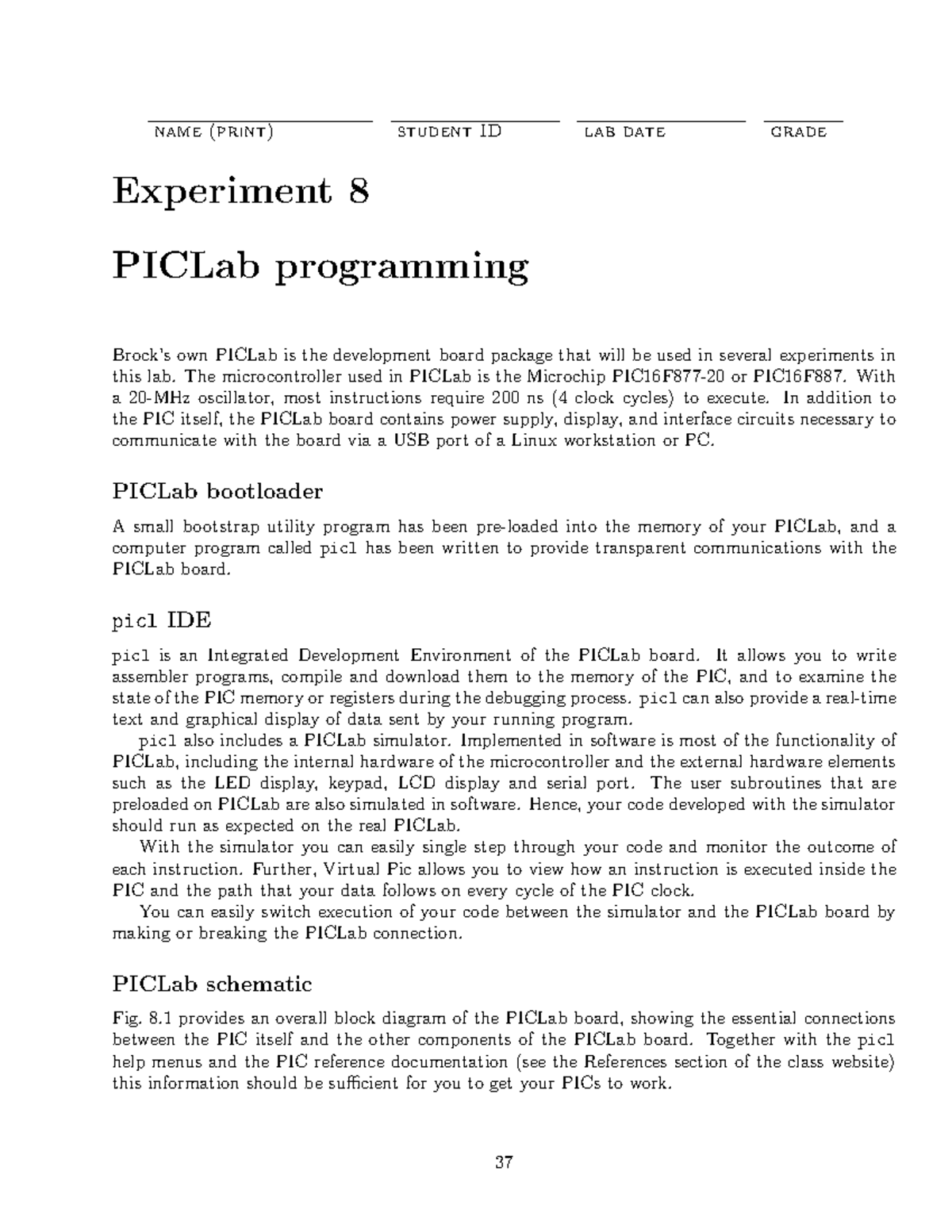 Experiment 8 PICLab programming - name (print) student ID lab date ...