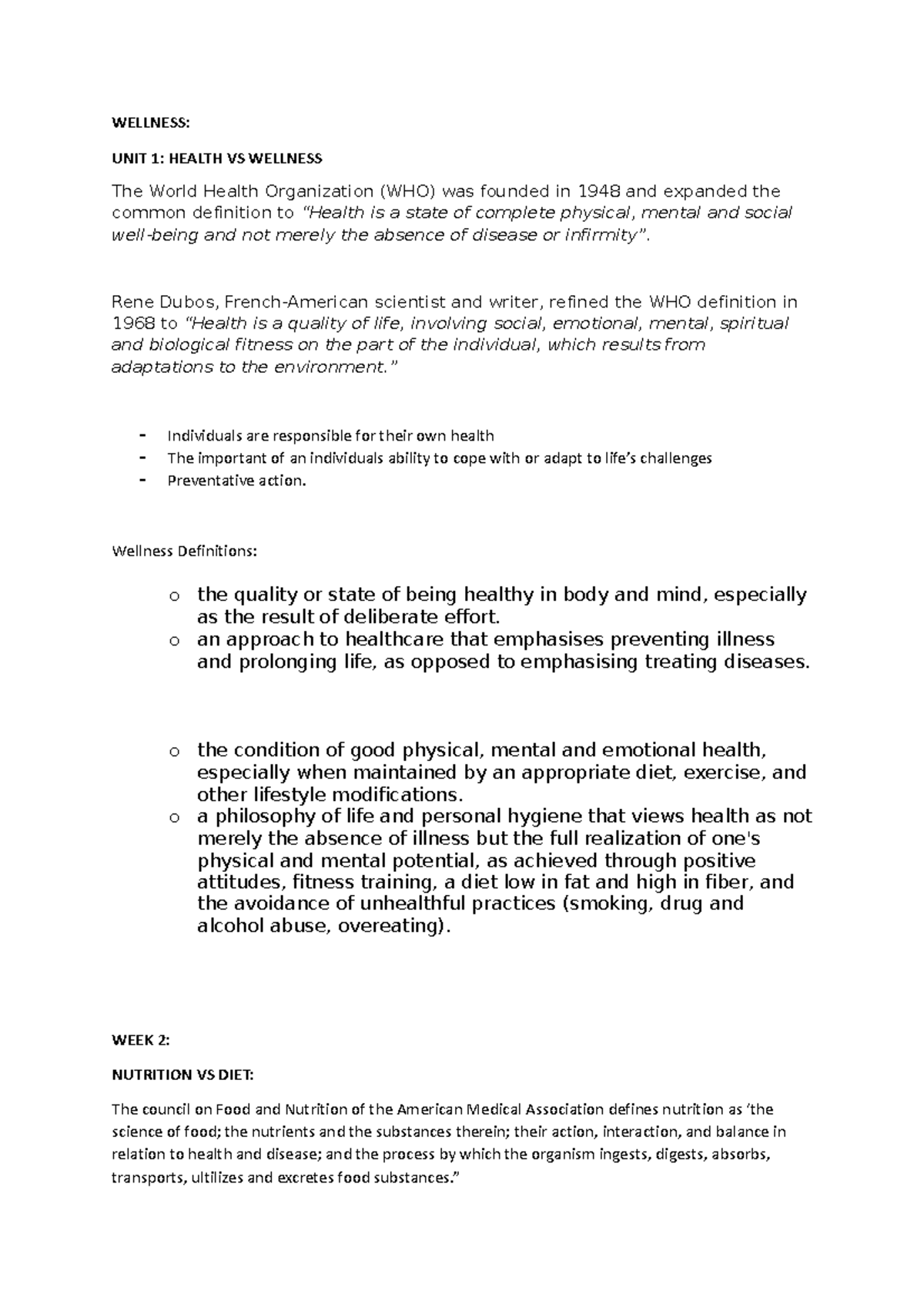 Intro to Wellness lecture notes - WELLNESS: UNIT 1: HEALTH VS WELLNESS ...