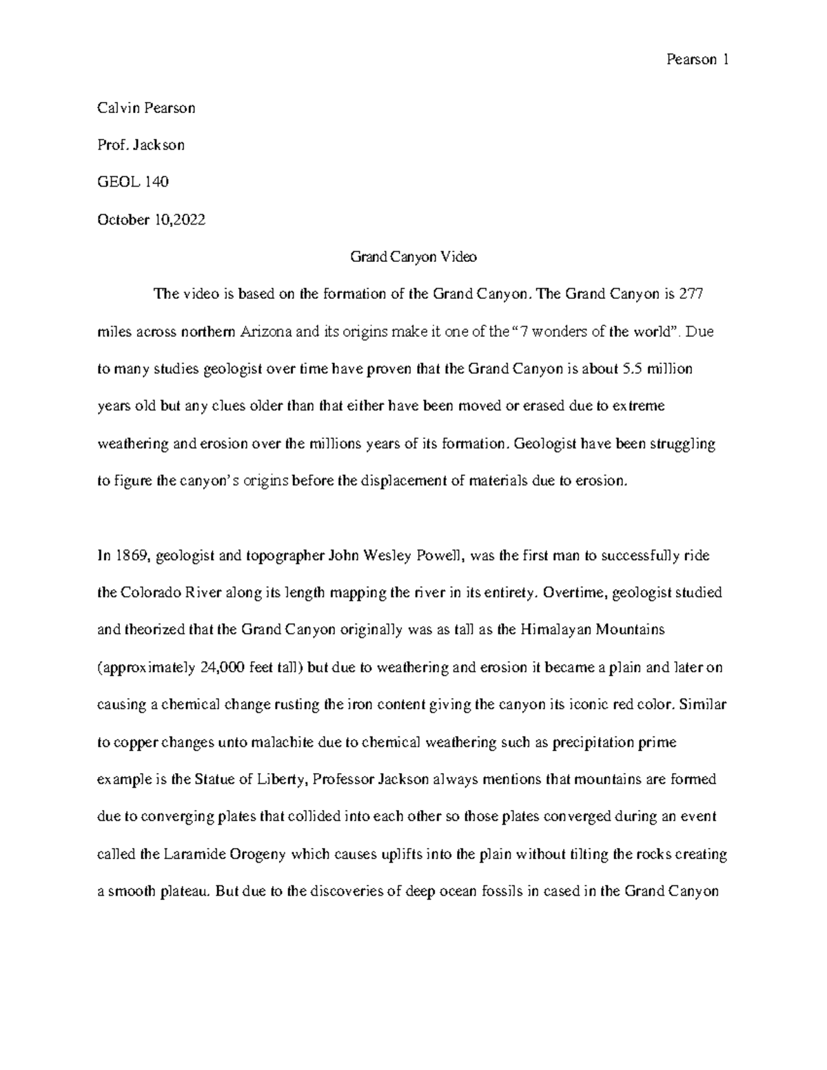 Grand Canyon Summary - Calvin Pearson Prof. Jackson GEOL 140 October 10 ...
