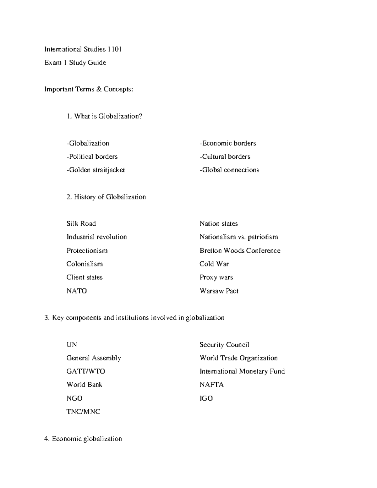 INTL 1101 Study Guide - International Studies 1101 Exam 1 Study Guide ...