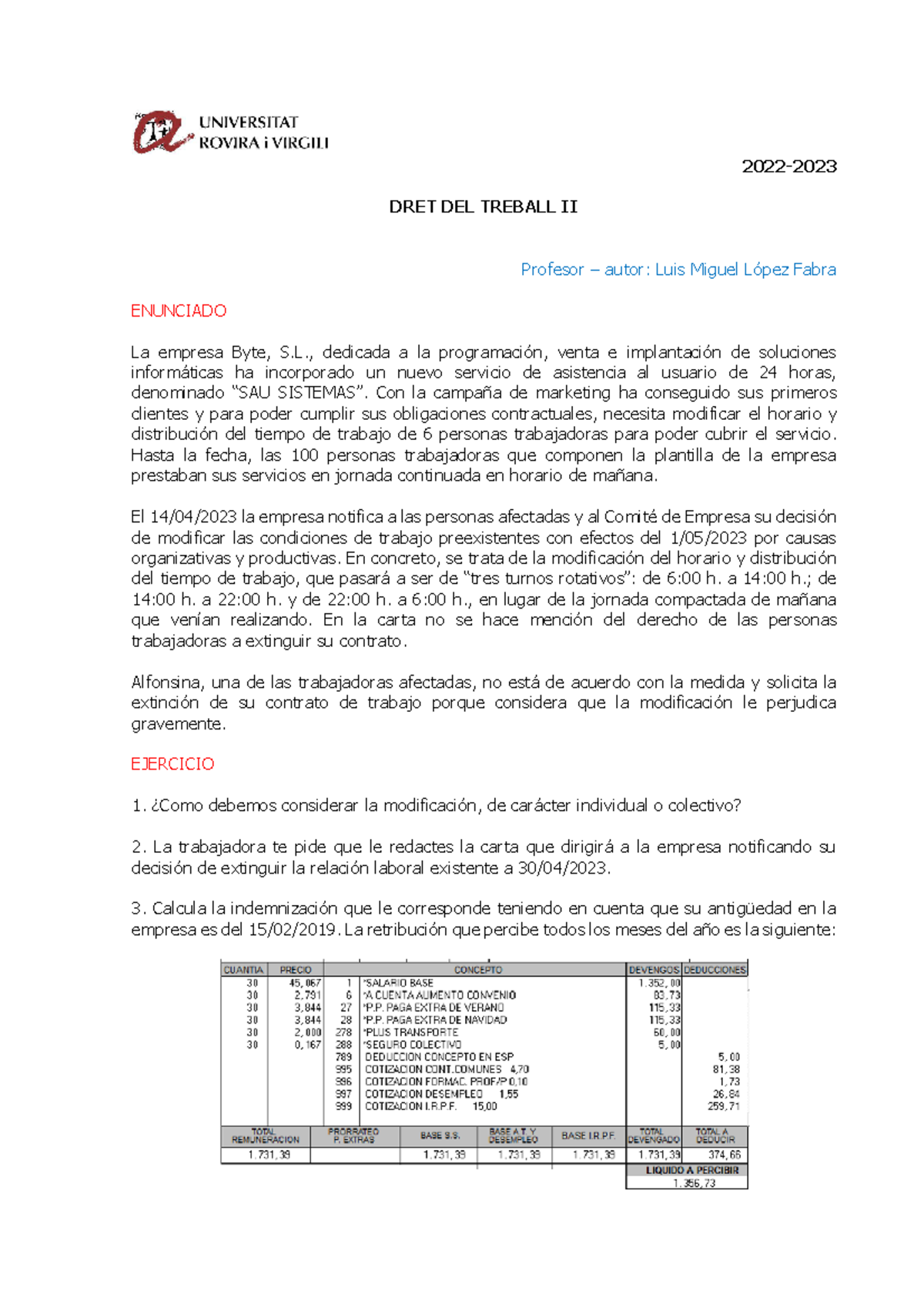 DTII Caso práctico MSCT enunciado - 2022 - 2023 DRET DEL TREBALL II ...
