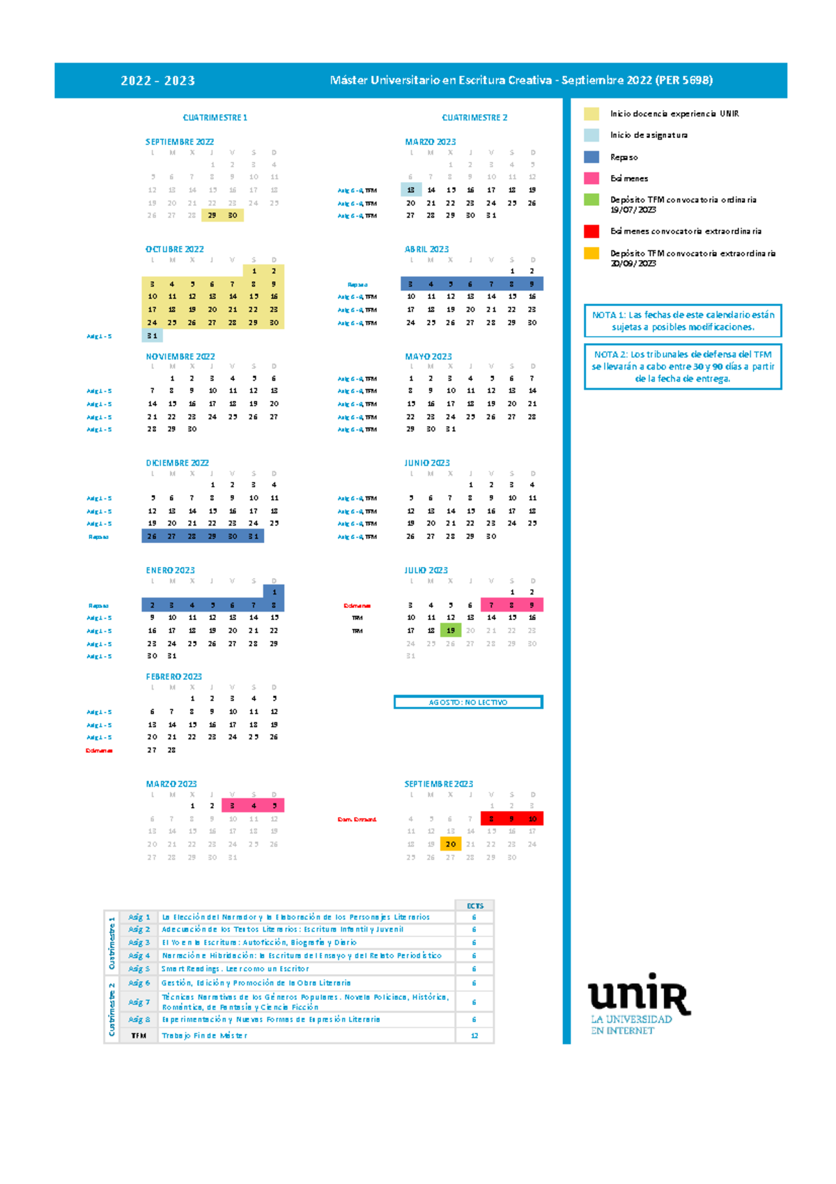 Calendario Escritura Creativa - 2022 0 2023 Máster Universitario en ...