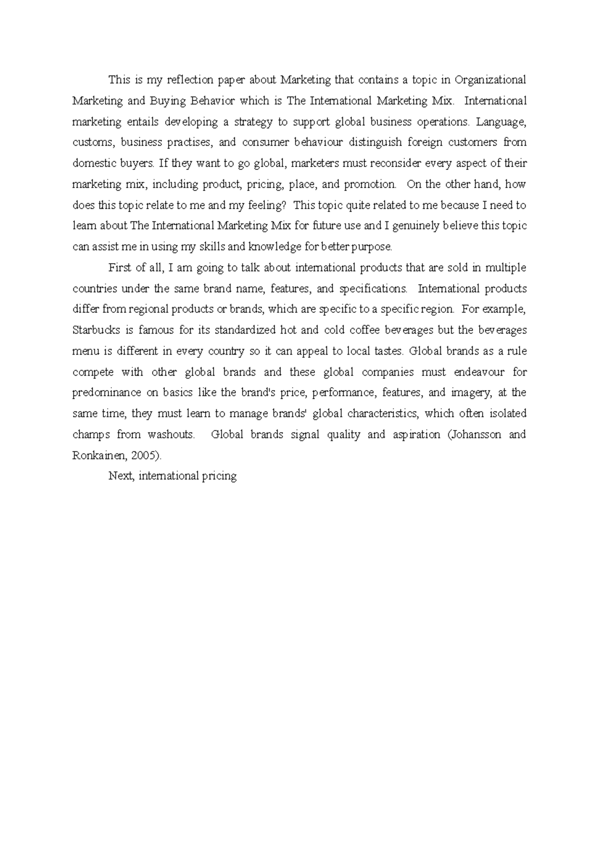 Reflection Paper ( Marketing) - This is my reflection paper about ...