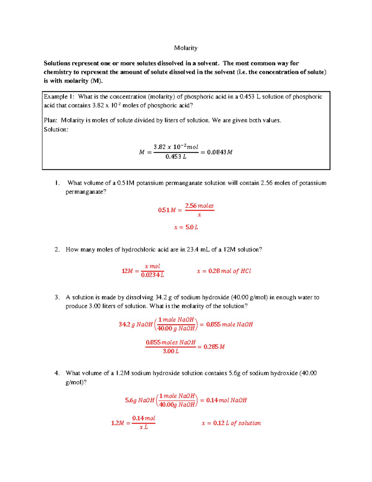 6.b Molarity key - Homework - Molarity Solutions represent one or more ...