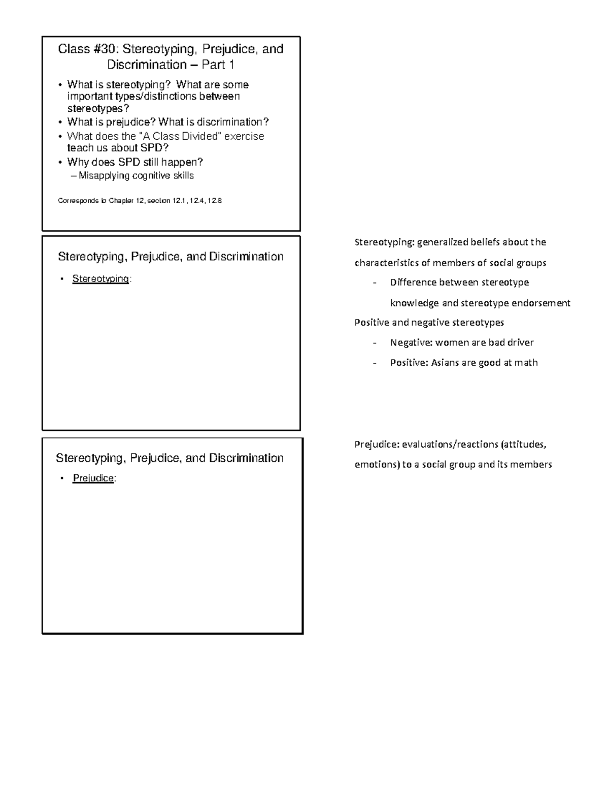 Class#30Note Taking - introductory psychology - Class #30: Stereotyping ...