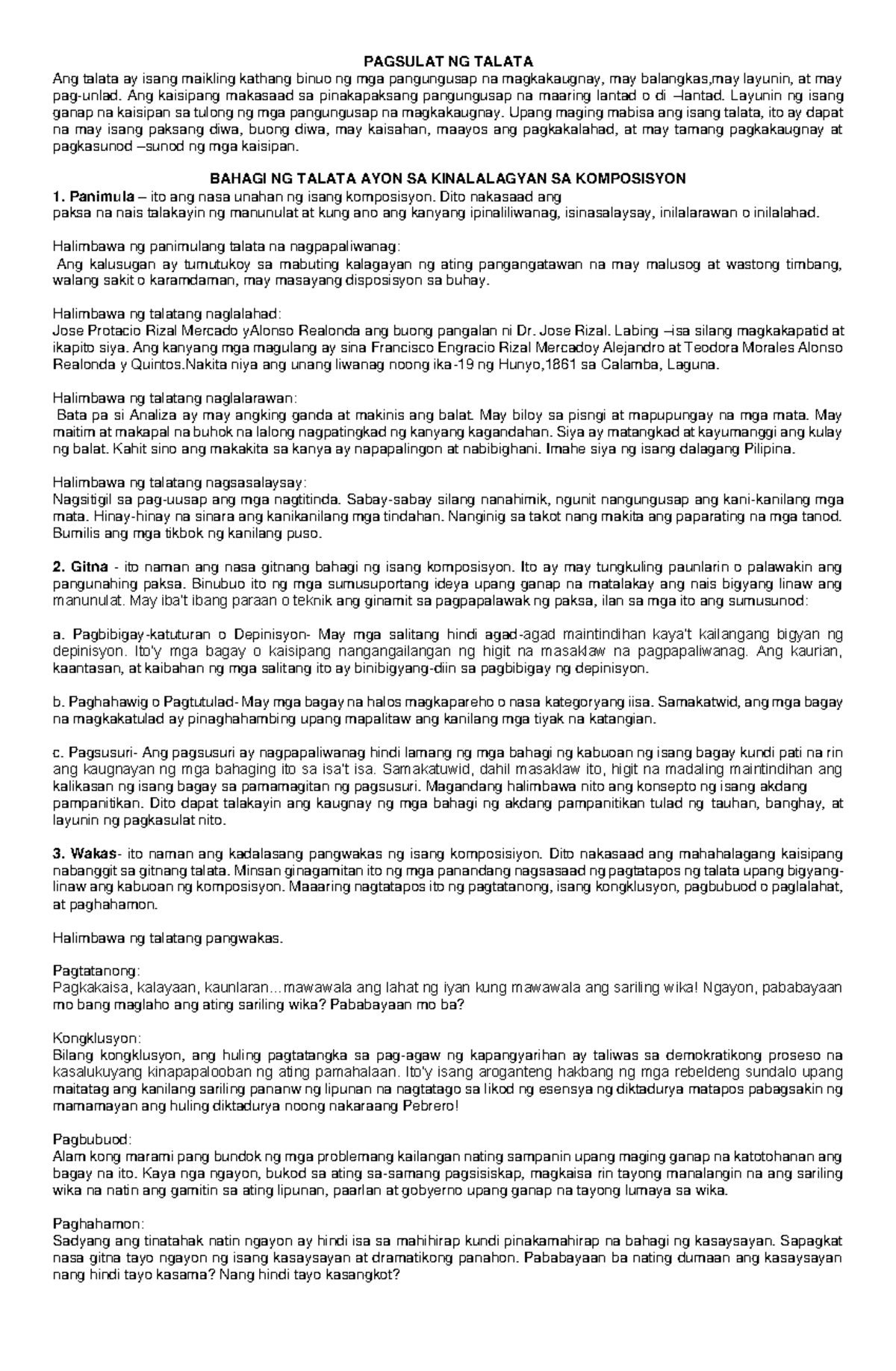 Pagsulat ng Talata - Lecture - PAGSULAT NG TALATA Ang talata ay isang maikling kathang binuo ng ...