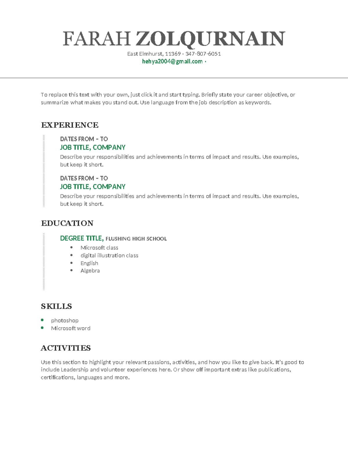 2.4 My resume - oiiiiiiiiiii - FARAH ZOLQURNAIN East Elmhurst, 11369 ...