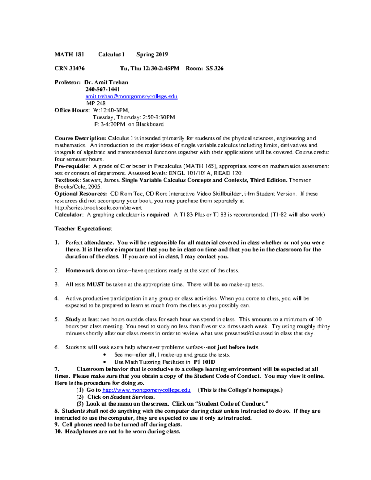 Syllabus Spring 2019 - MATH 181 Calculus I Spring 2019 CRN 31476 Tu ...