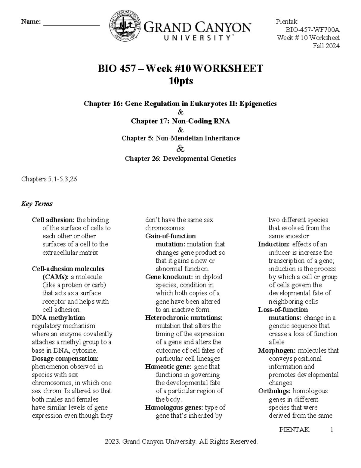 BIO-457-Week #10 Worksheet - BIO-457-WF700A Week # 10 Worksheet Fall ...
