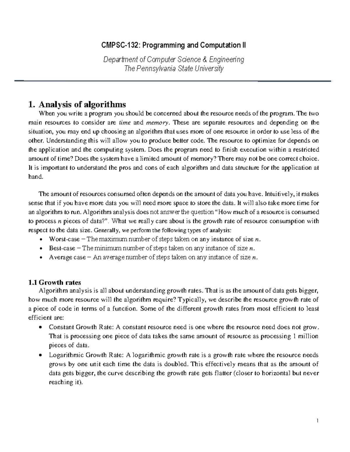 [Notes] Analysis of Algorithms - CMPSC-132: Programming and Computation ...