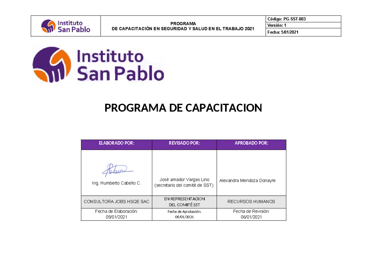 PG-SST-003 Programa de Capacitacion - PROGRAMA DE CAPACITACIÓN EN ...