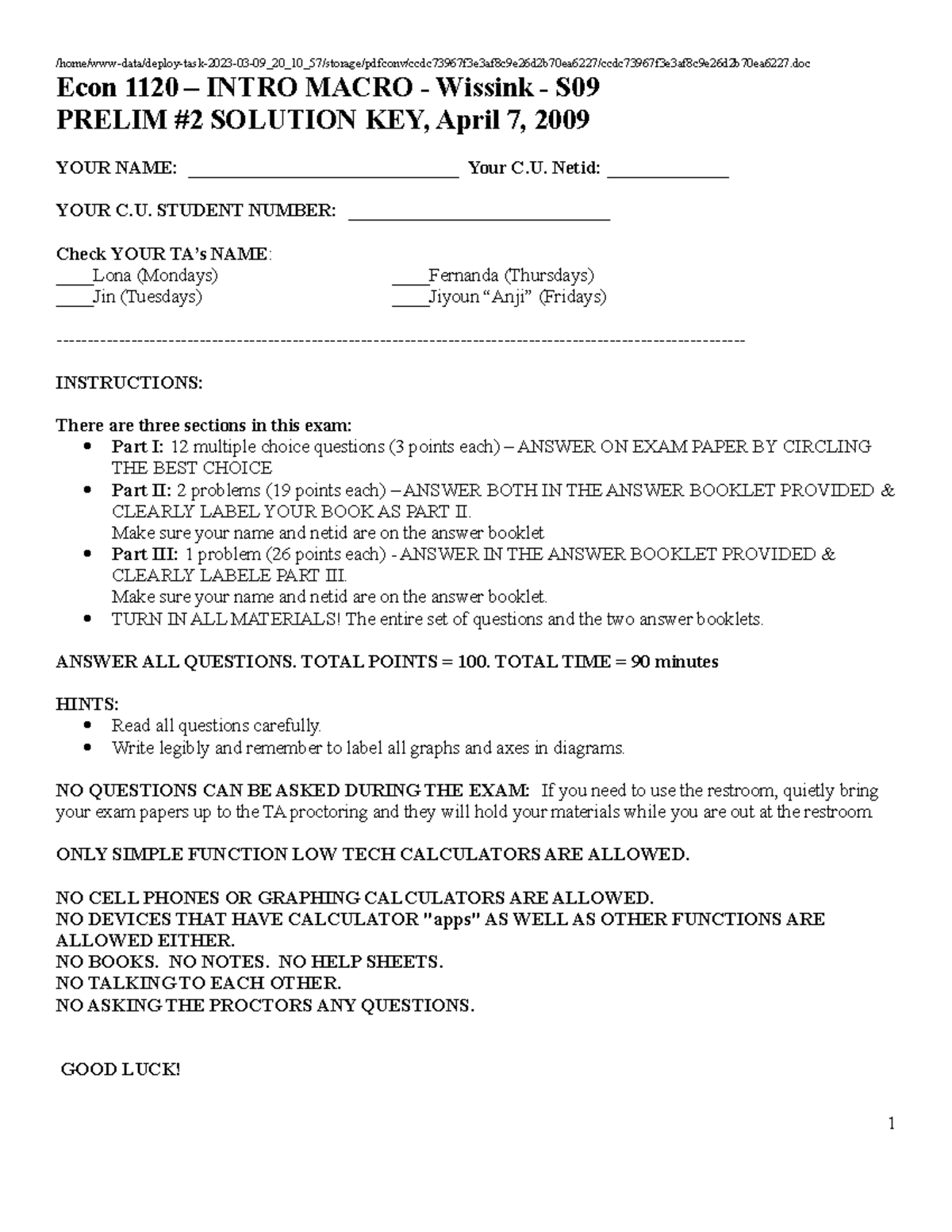 Practice Prelim 2 Key - Spring 2009 - Econ 1120 – INTRO MACRO - Wissink ...