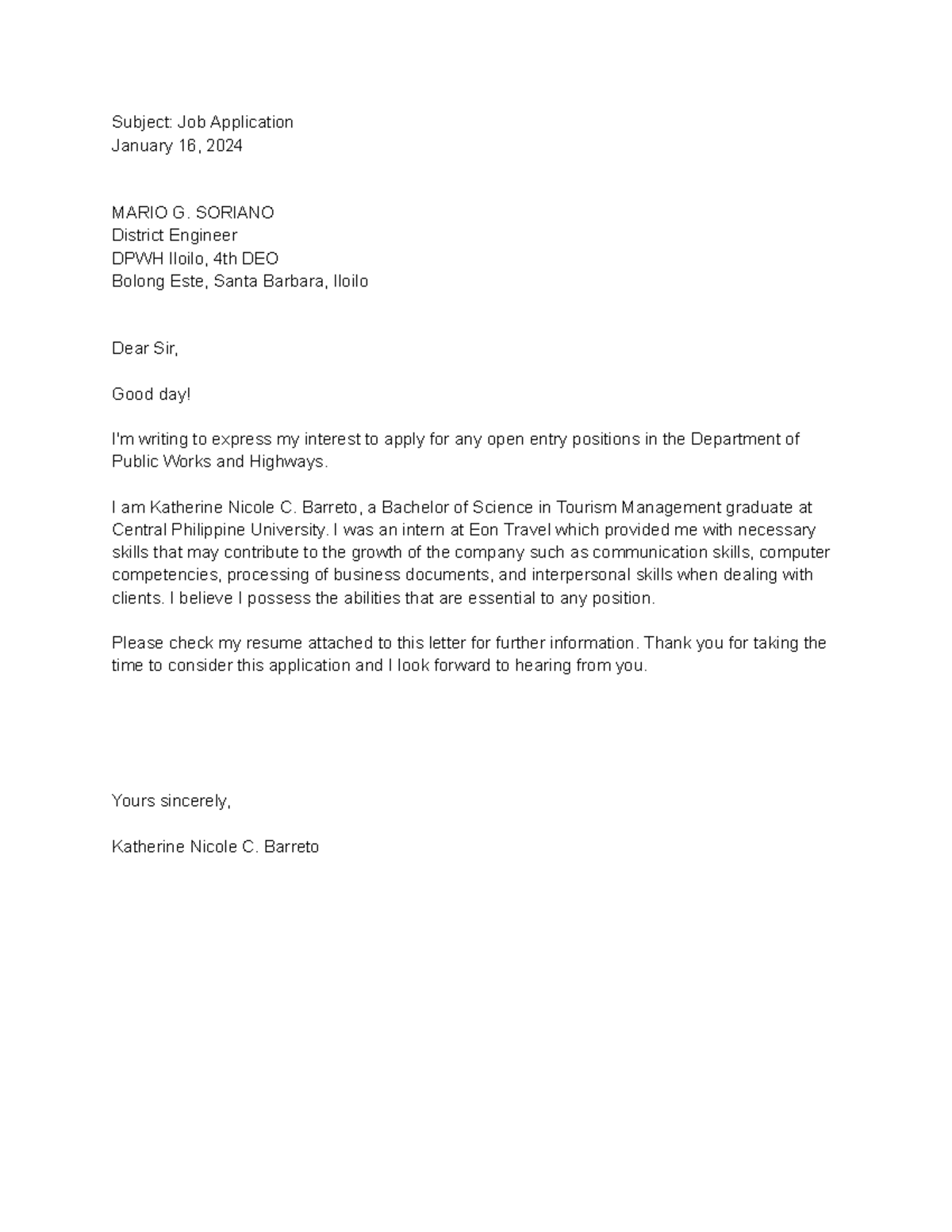 Application Letter DPWH- Barreto - Subject: Job Application January 16 ...