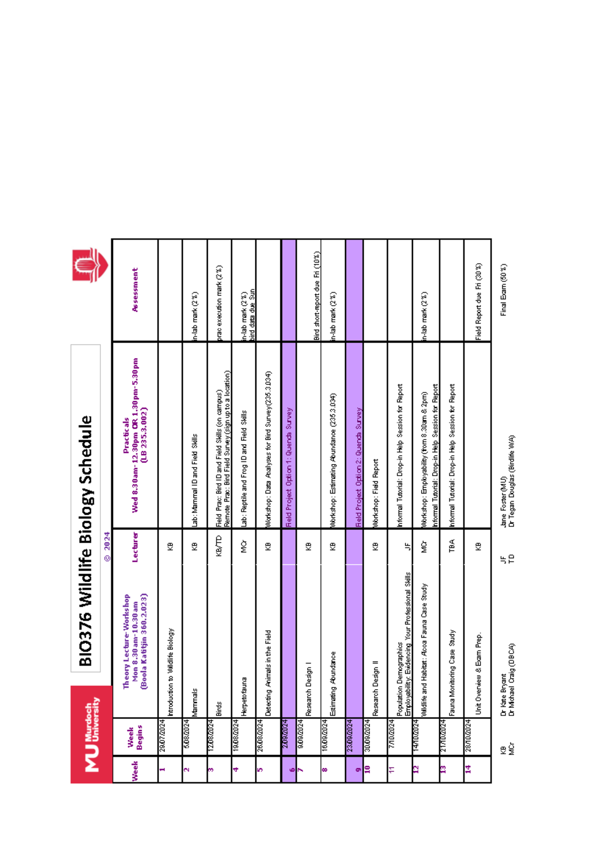 BIO376 Unit Scheldule - Unit schedule - © 2024 Week Week Begins Theory ...