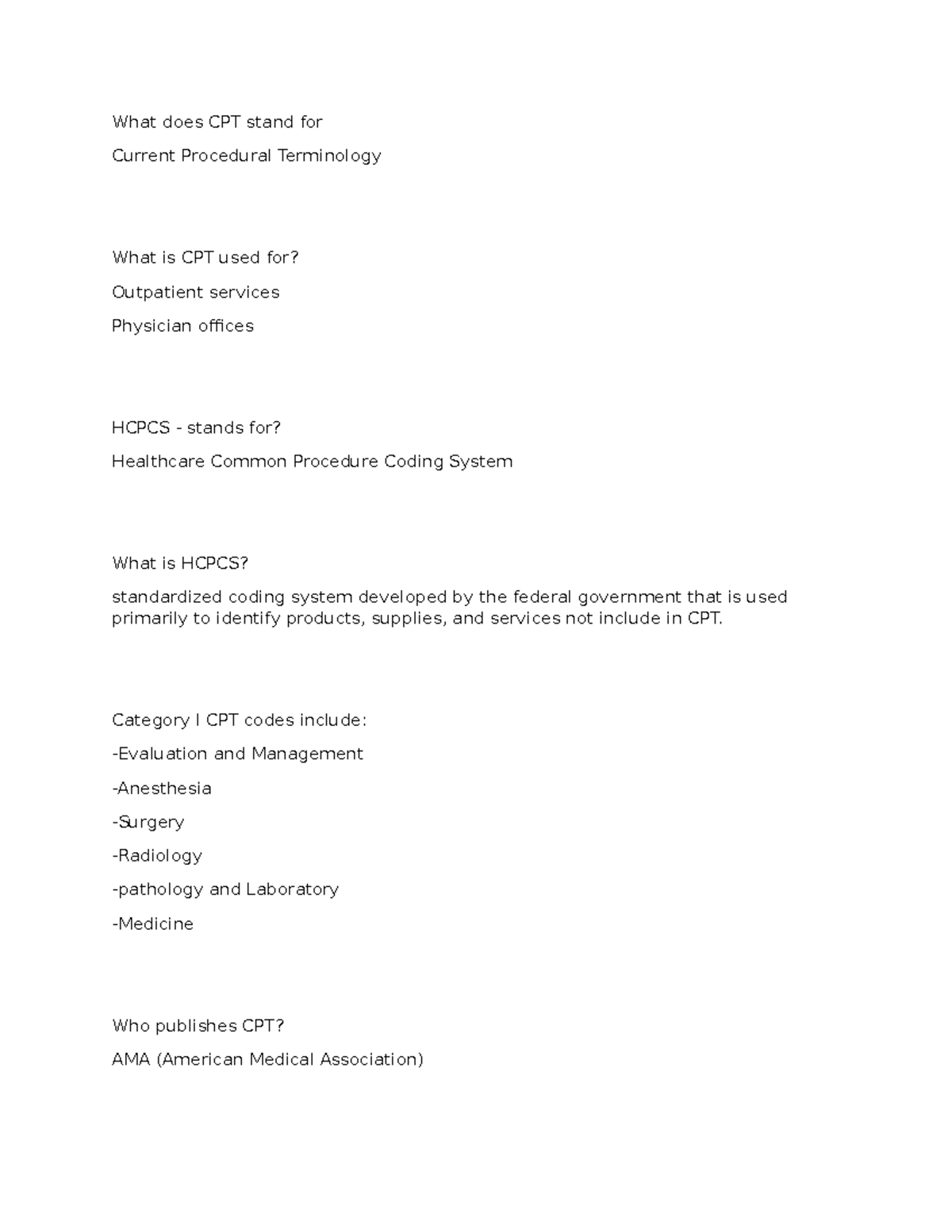 Cpt Quiz 1 Basic Cpt Coding Course What Does Cpt Stand For Current Procedural Terminology