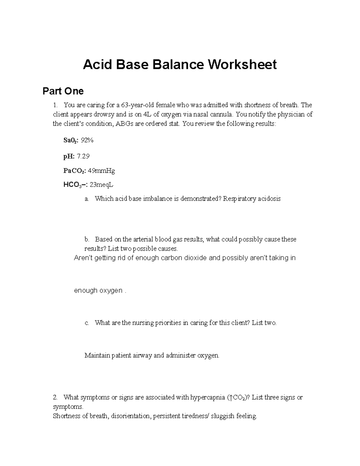 ABB worksheet - naksa - Acid Base Balance Worksheet Part One You are ...