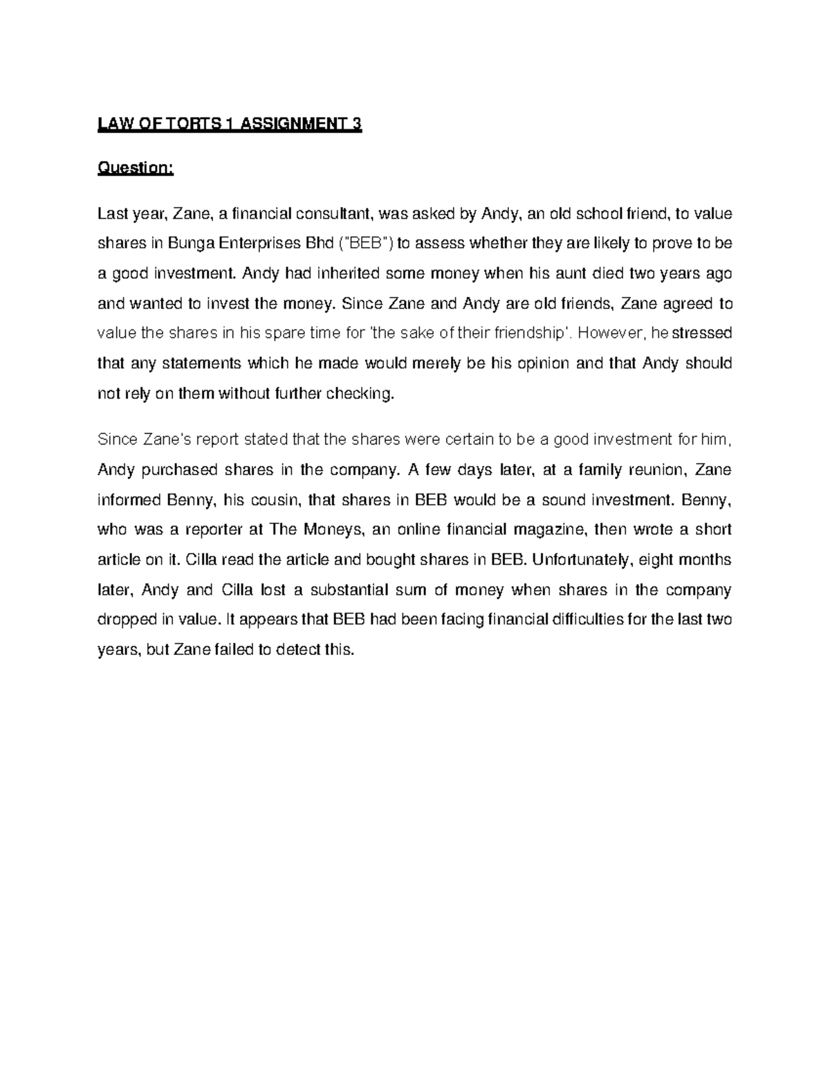 Assignment 3 LAW OF Torts 1 - LAW OF TORTS 1 ASSIGNMENT 3 Question ...