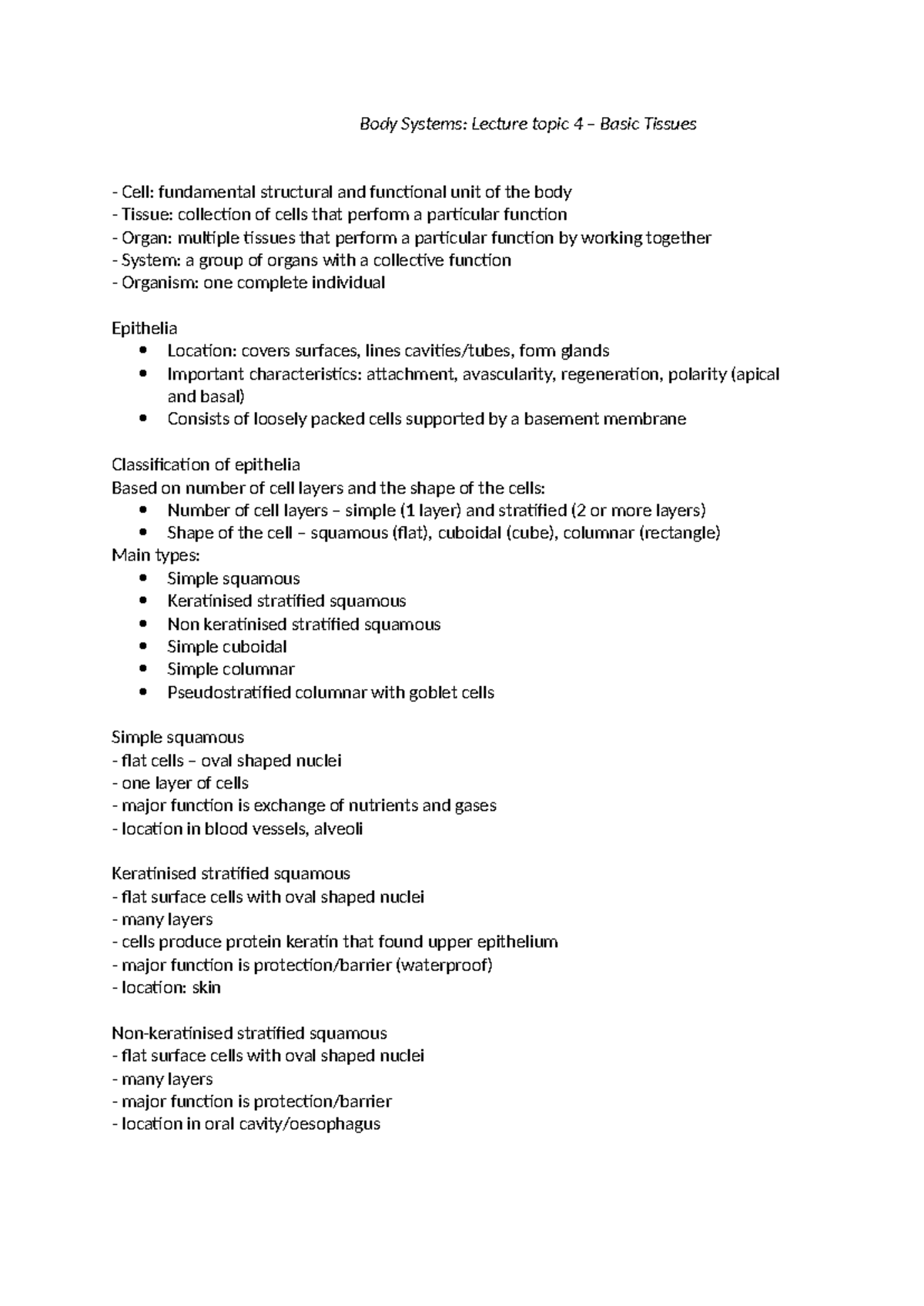 Lecture Topic 4 - Body Systems: Lecture topic 4 – Basic Tissues Cell ...