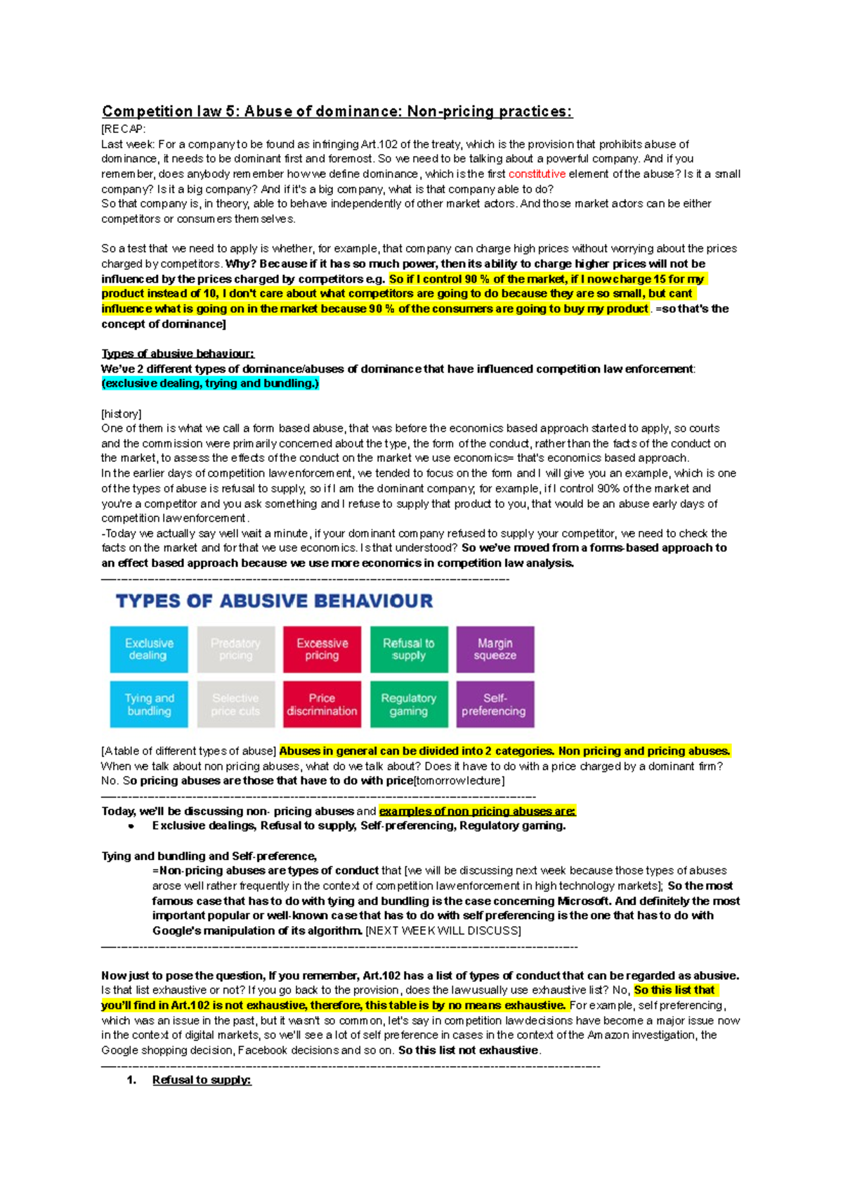 Competition law lecture 5 notes - Competition law 5: Abuse of dominance ...