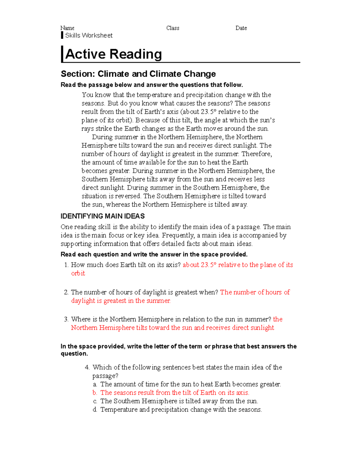 Climate change Worksheet - Name Class Date Skills Worksheet Active ...