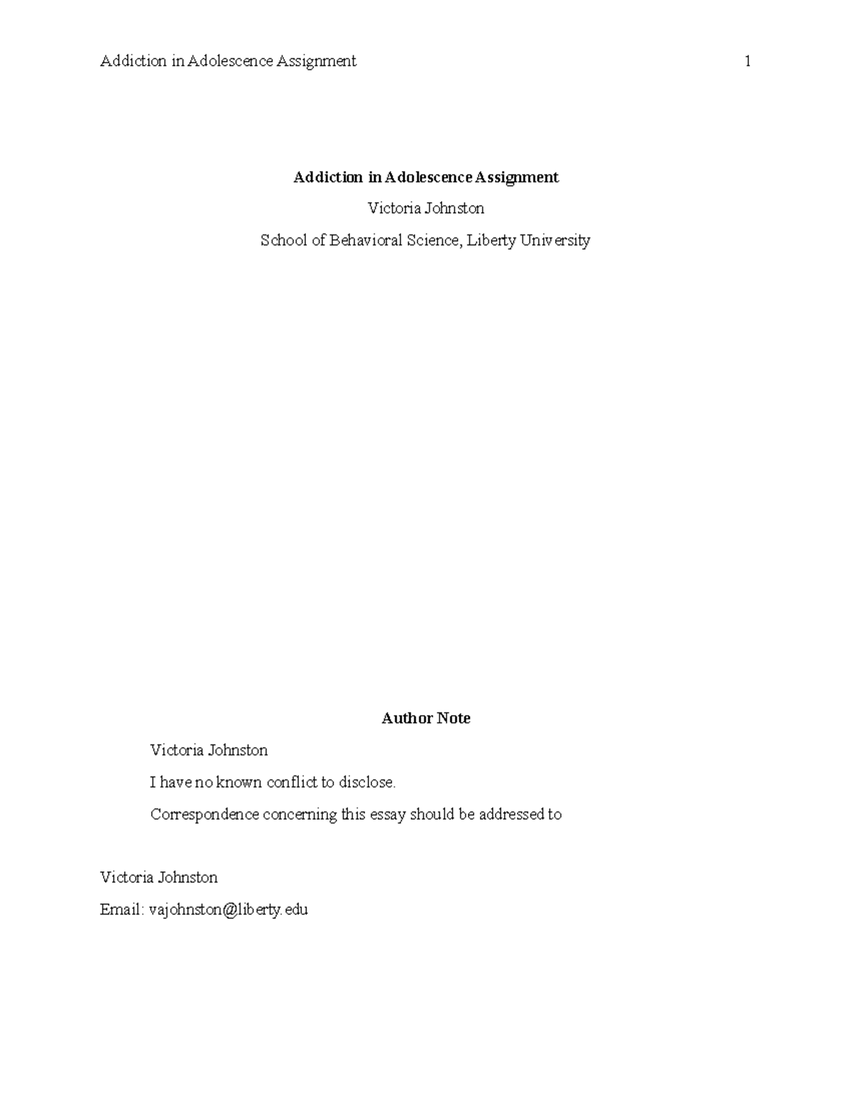 Johnston V Addiction Essay - Addiction in Adolescence Assignment ...