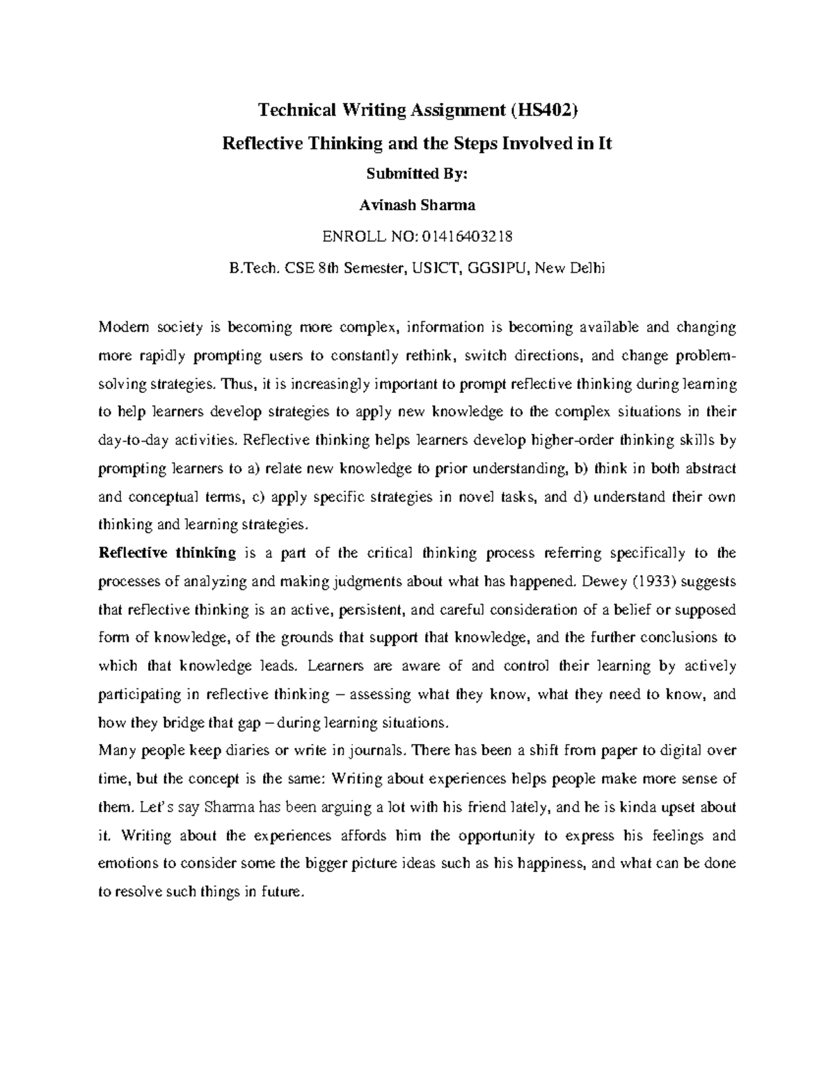 Technical Writing Assignment Reflective- Thinking - CSE 8th Semester ...