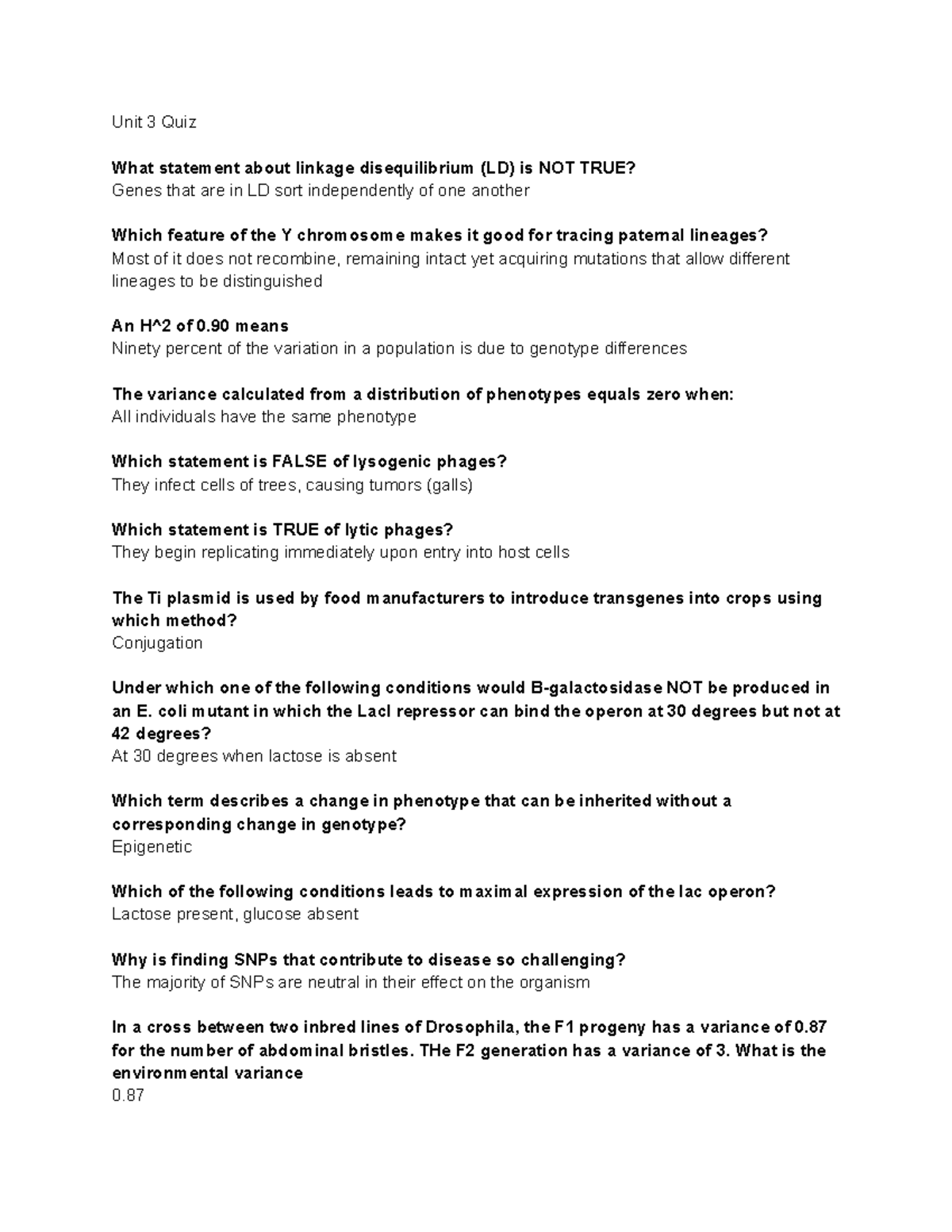 Genetics Quiz Unit 3 - Unit 3 Quiz What statement about linkage ...