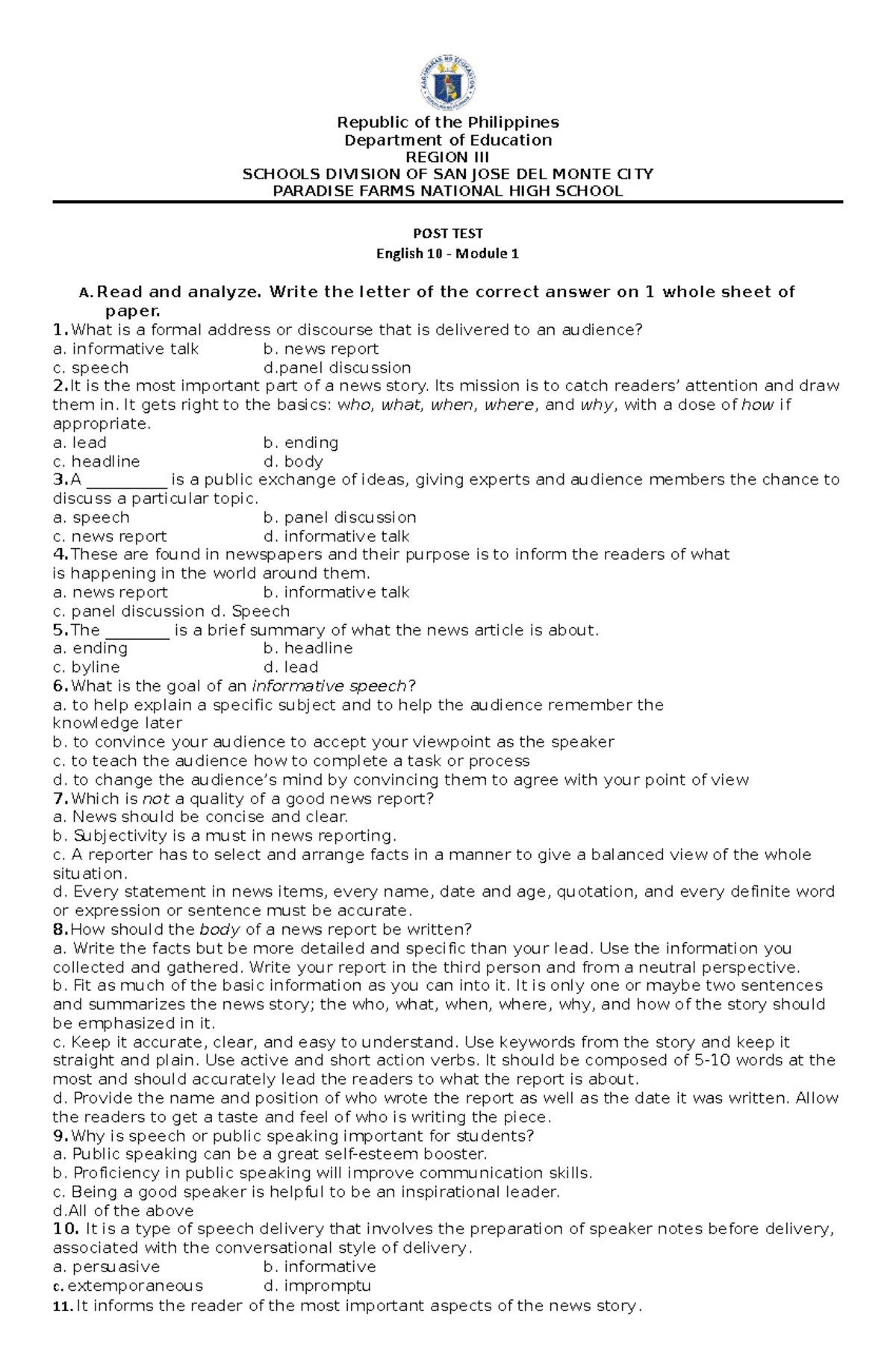 POST TEST module 1 - Types of Speeches - Republic of the Philippines ...