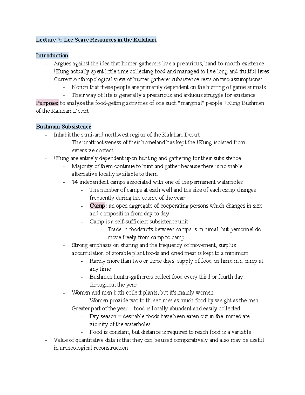 ANT 10CD Lecture 7 Reading Notes Lee Scare Resources in the Kalahari ...