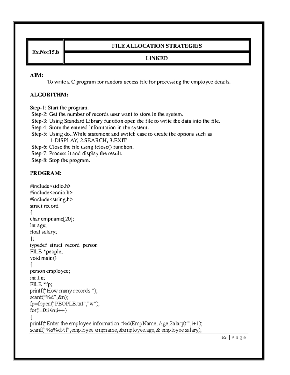 random access processing the employee details - 65 | P a g e Ex:15 FILE ...
