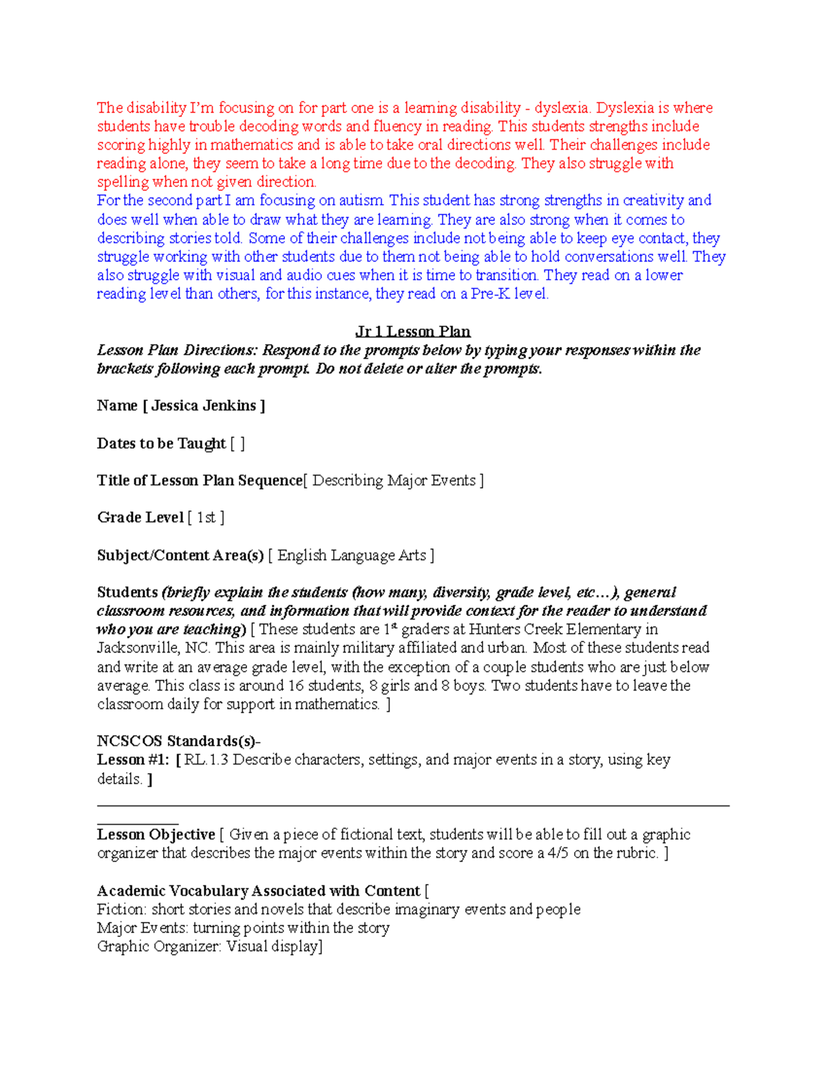 SPED Lesson Plan - The disability I’m focusing on for part one is a ...