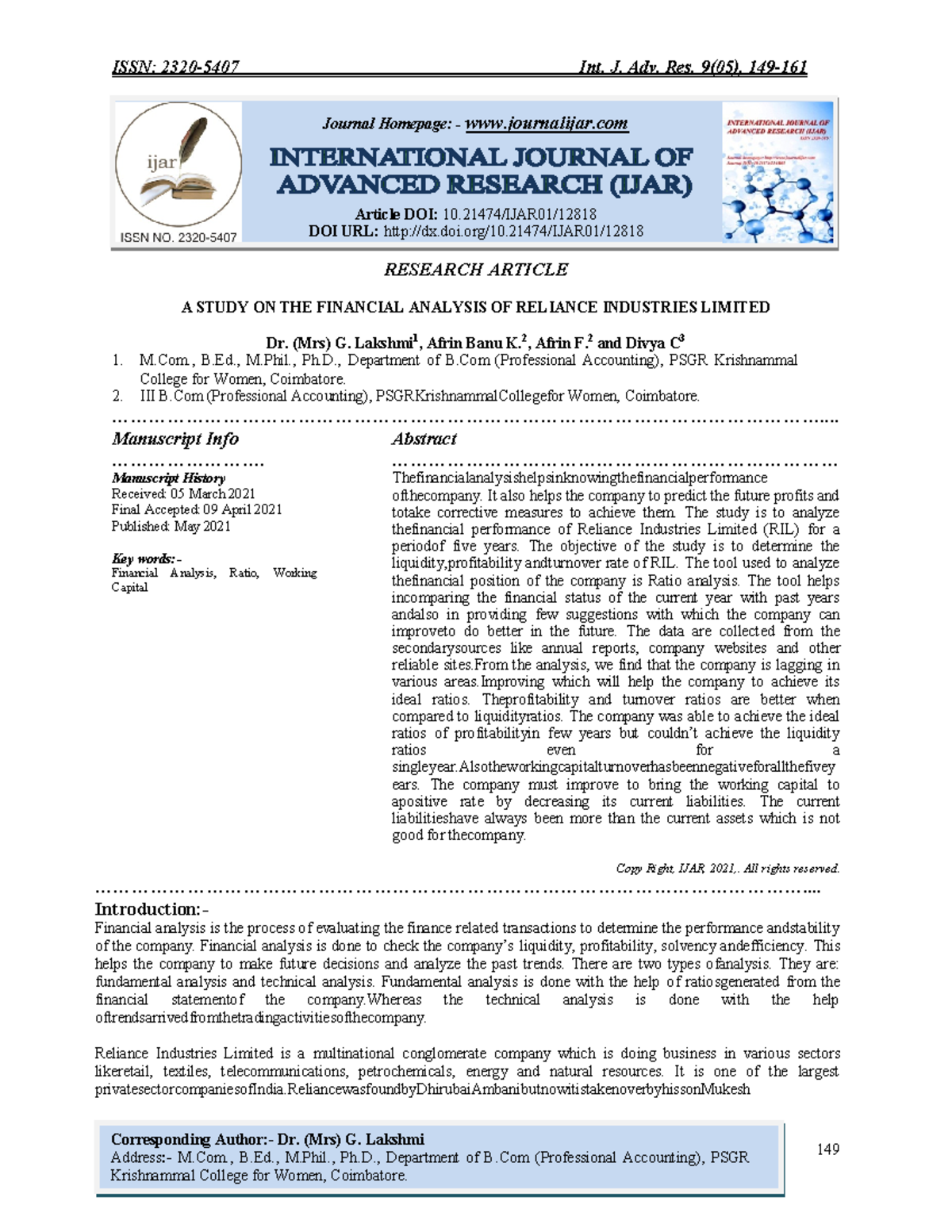 60ab9cd014190 IJAR-35917 - 149 Journal Homepage: - journalijar Article ...