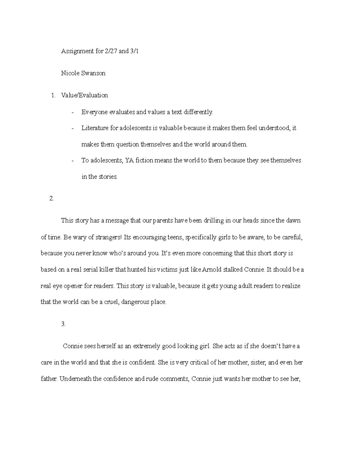 Adolescent lit assignment for 3 1 - Assignment for 2/27 and 3/ Nicole Swanson Value/Evaluation ...