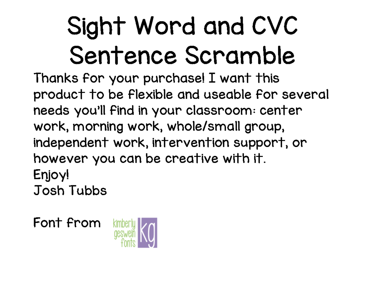 CVCand Sight Word Sentence Scramble-1 - Sight Word and CVC Sentence ...